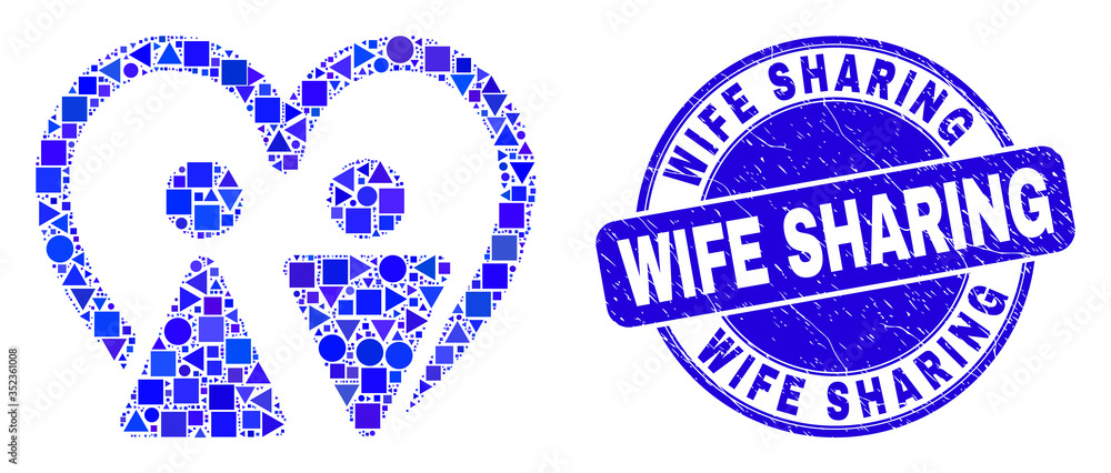 Geometric married persons mosaic pictogram and Wife Sharing seal. Blue ...