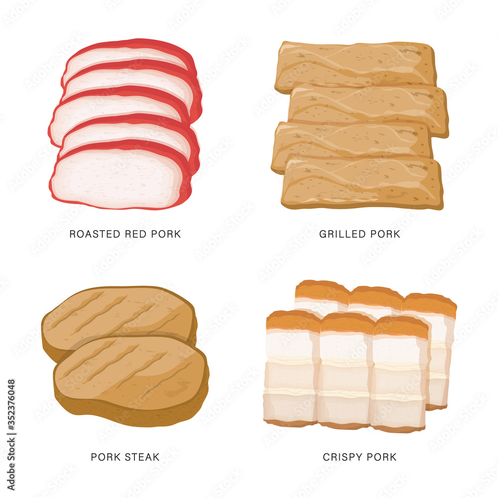 Set of Pork slice food isolated on white background. Cartoon Vector ...