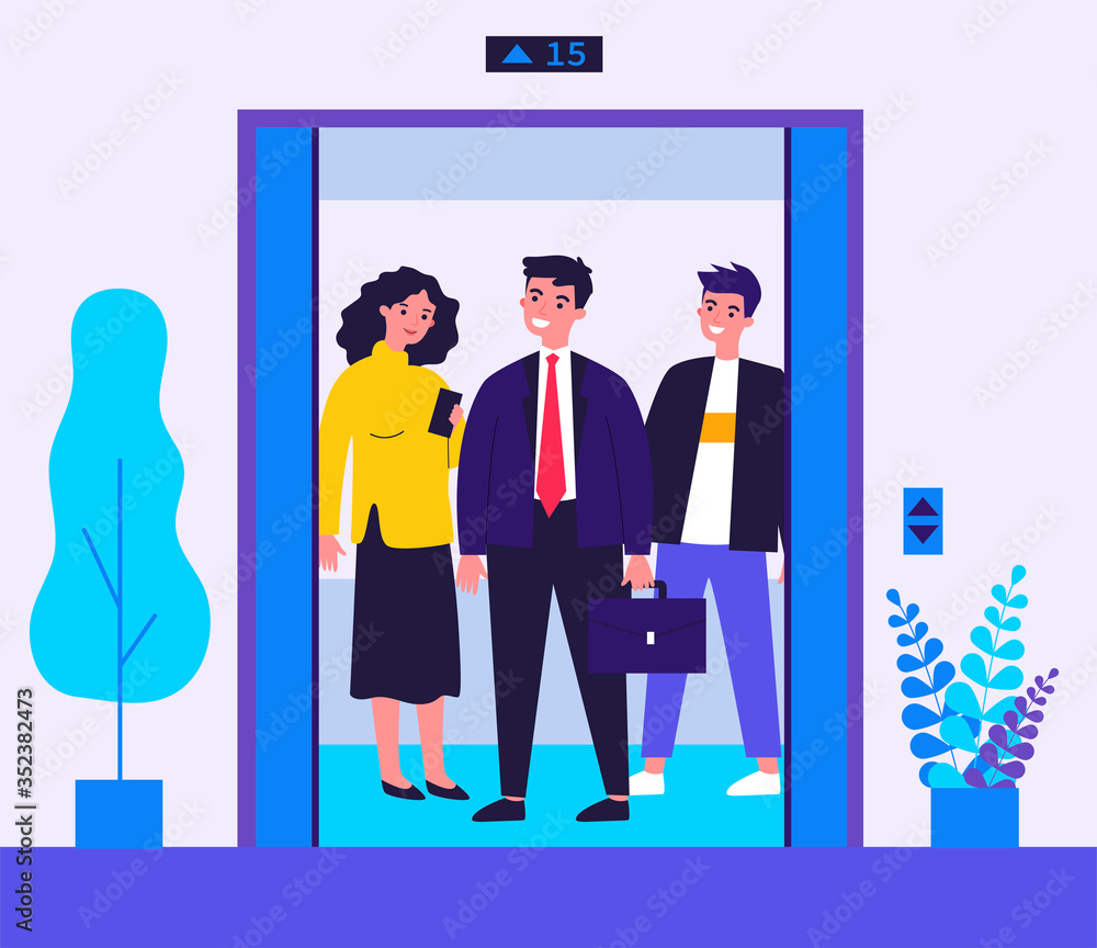 Positive people standing on elevator cab. Men and woman standing inside ...