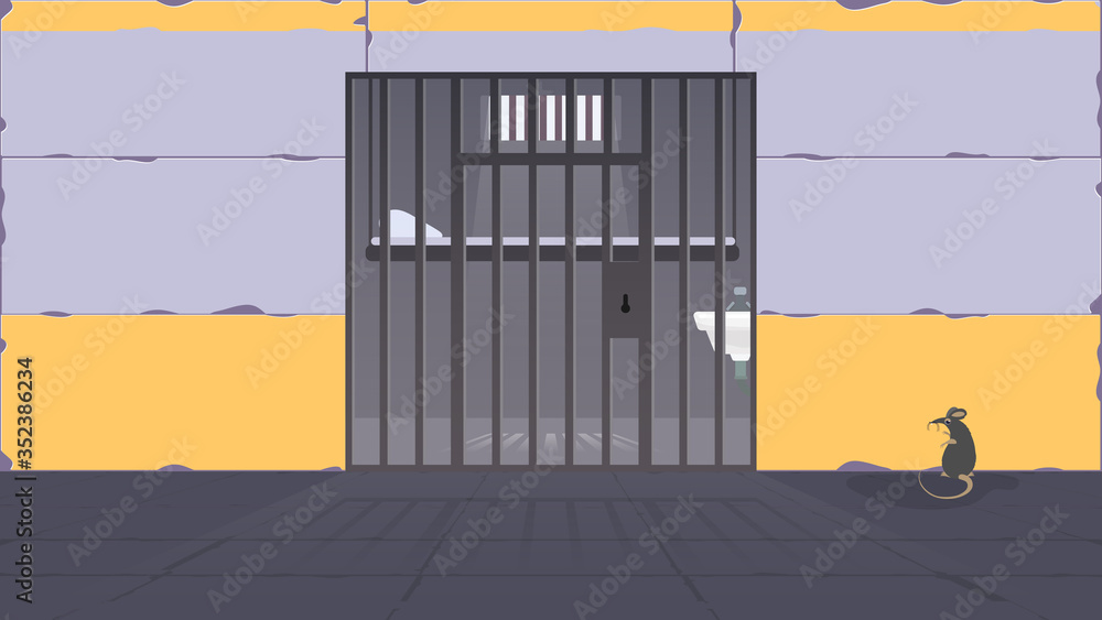 Prison cell. A prison cell with a metal grate. Prison in cartoon style ...
