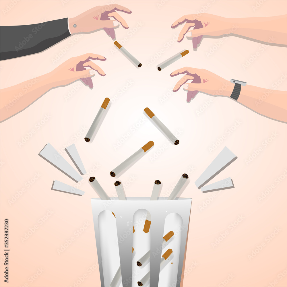 hand illustration of throwing a cigarette into the trash. sign with no ...