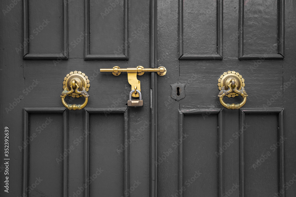 Old black wooden door with gold antique handle. Details Classic vintage doors of the interior ...
