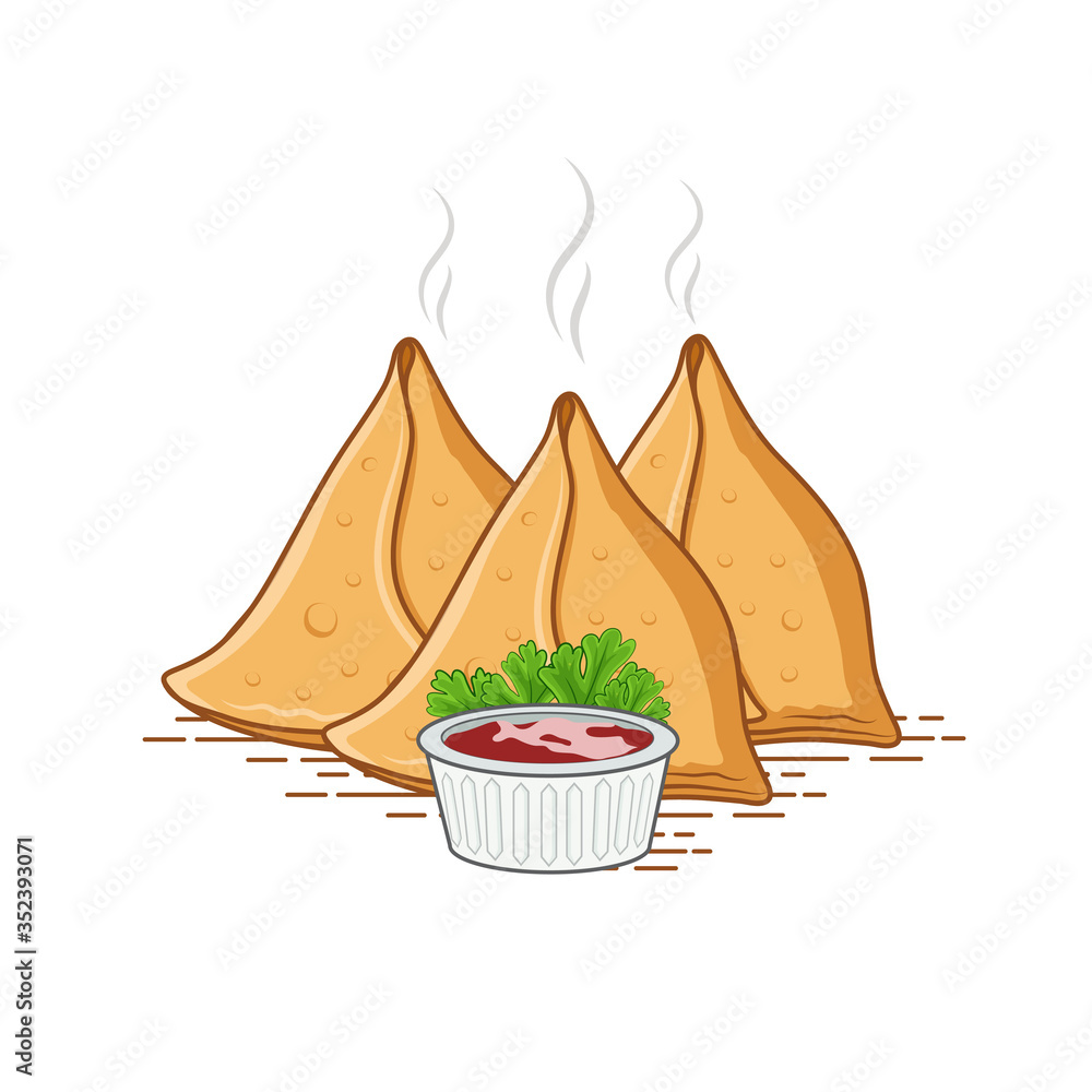Set of three samosa vector illustration with red sauce Stock Vector ...