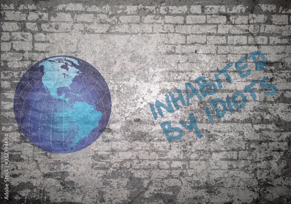 Grunge decayed faded brick wall background with planet earth inhabited ...