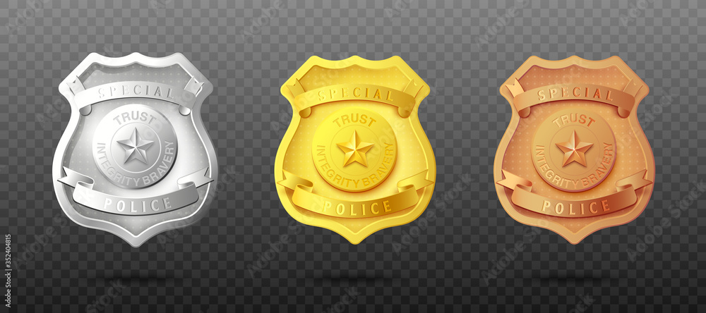 Police officers badges in three metal set realistic vector illustration ...