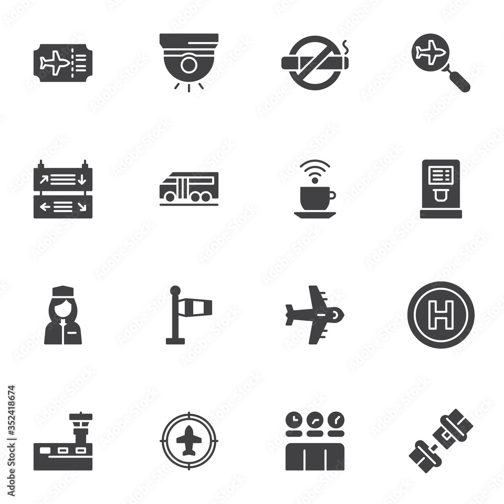 Airport related vector icons set, modern solid symbol collection ...