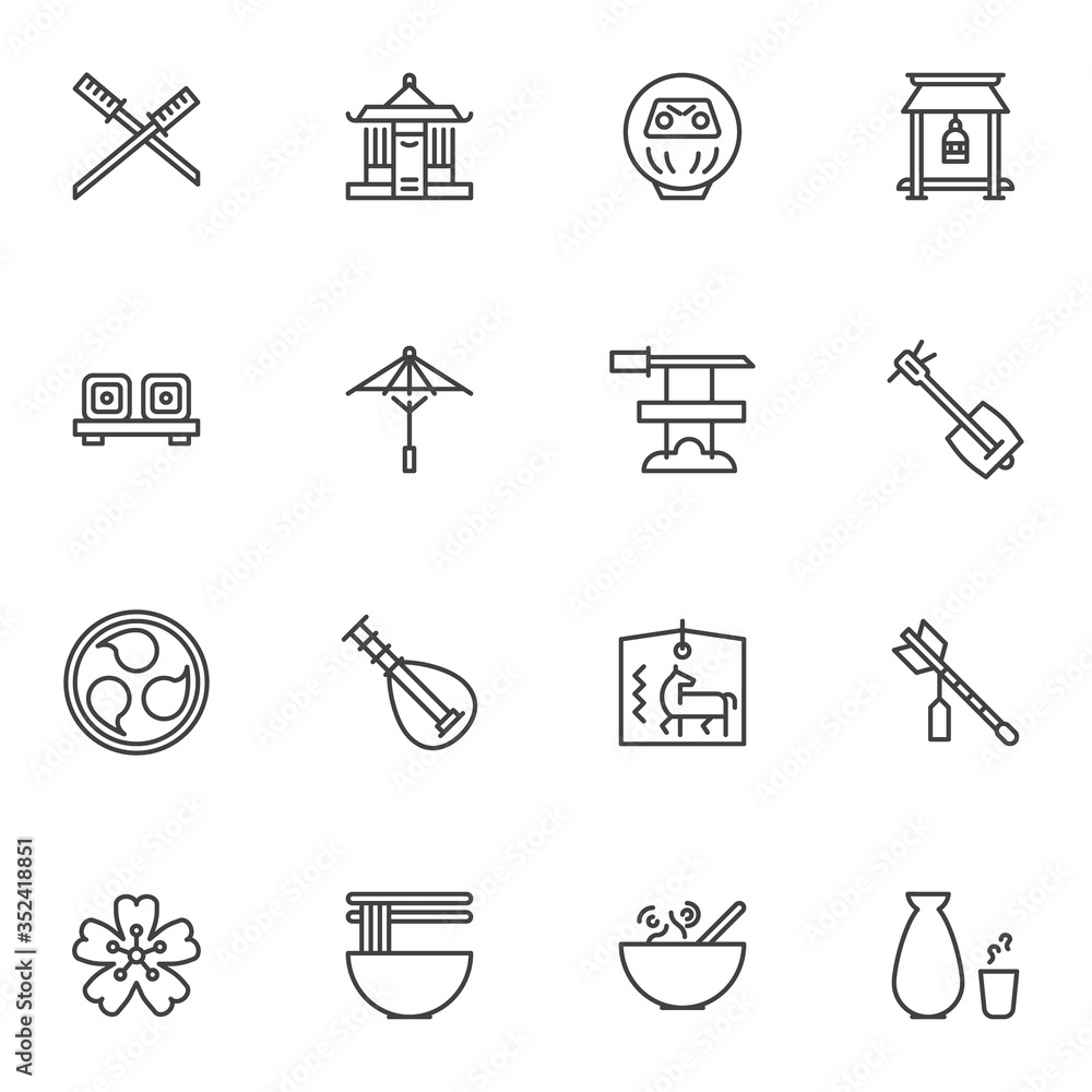 Japanese culture line icons set, outline vector symbol collection ...