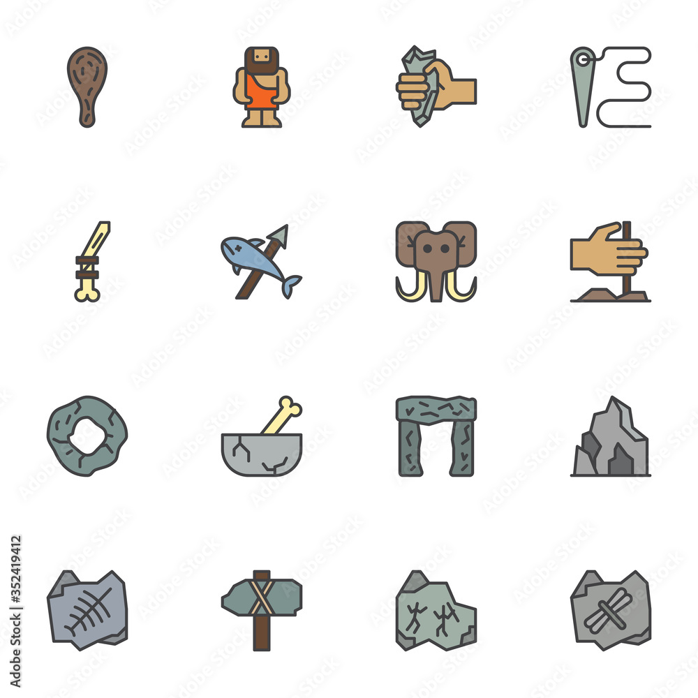 Prehistoric filled outline icons set, line vector symbol collection ...