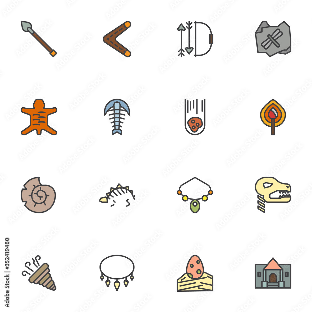 Prehistoric age filled outline icons set, line vector symbol collection ...