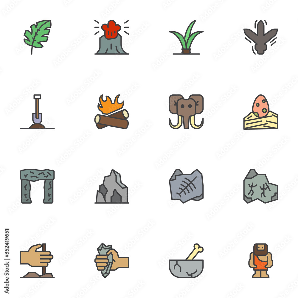 Prehistoric age filled outline icons set, line vector symbol collection ...