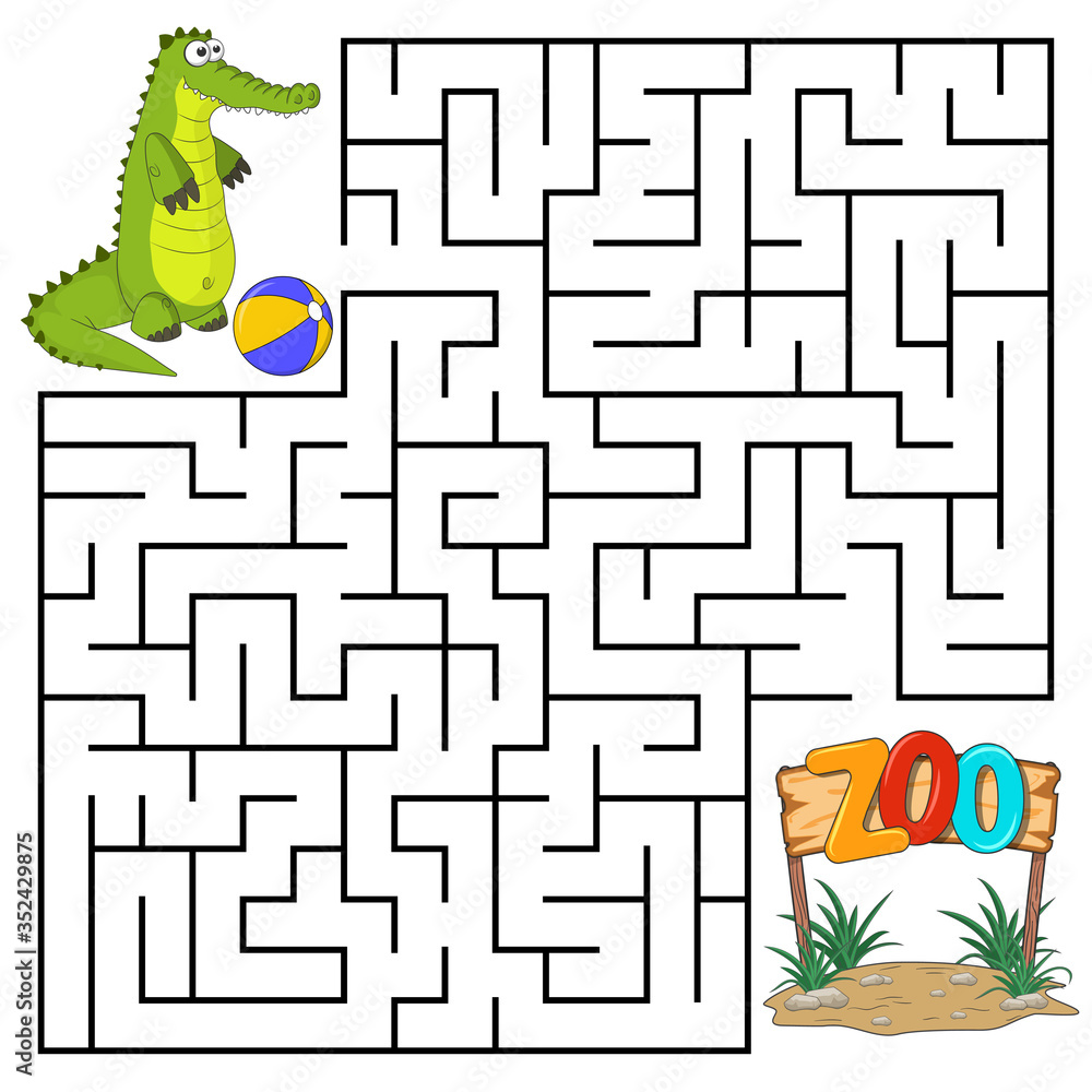 Square maze for kids with cartoon Crocodile. Find right way to the Zoo ...