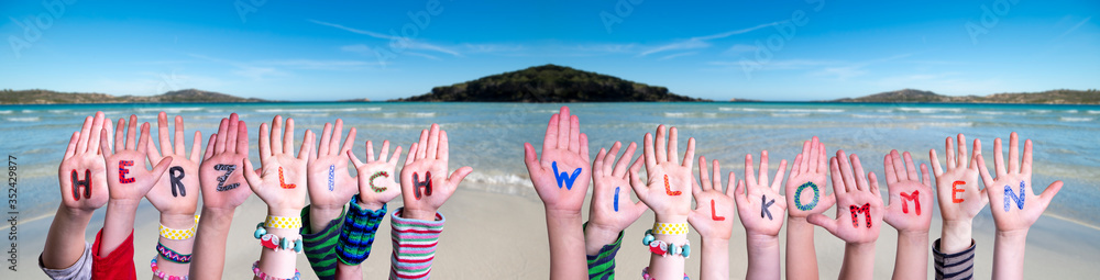 Children Hands Building Colorful German Word Herzlich Willkommen Means ...