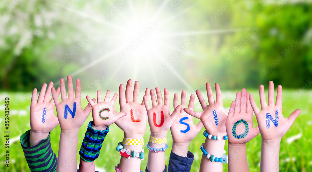 Children Hands Building Colorful Word Inclusion. Green Grass Meadow As ...