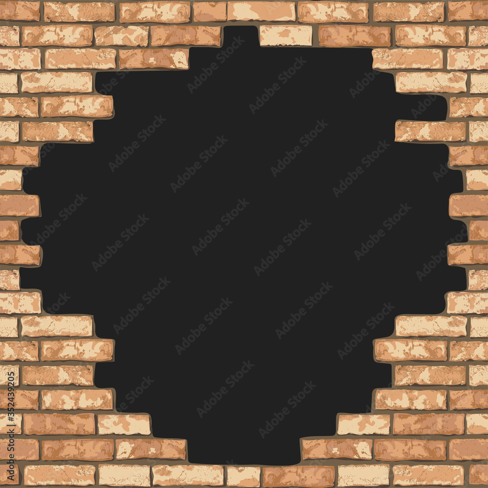 Vintage realistic broken brick wall background. Black hole in flat wall ...