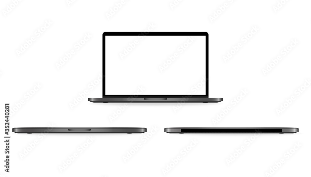 Laptop computer set. Front and back view of computer. Closed notebook ...