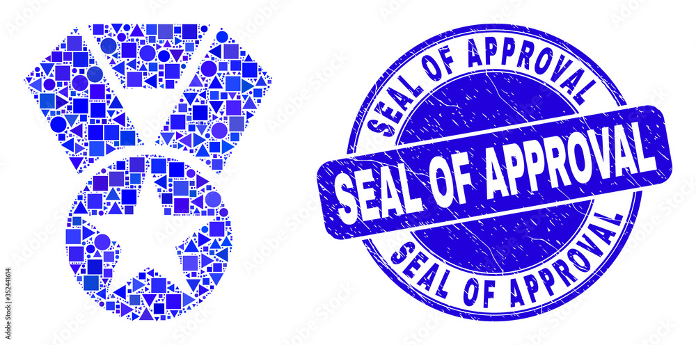 Geometric star award mosaic pictogram and Seal of Approval stamp. Blue ...