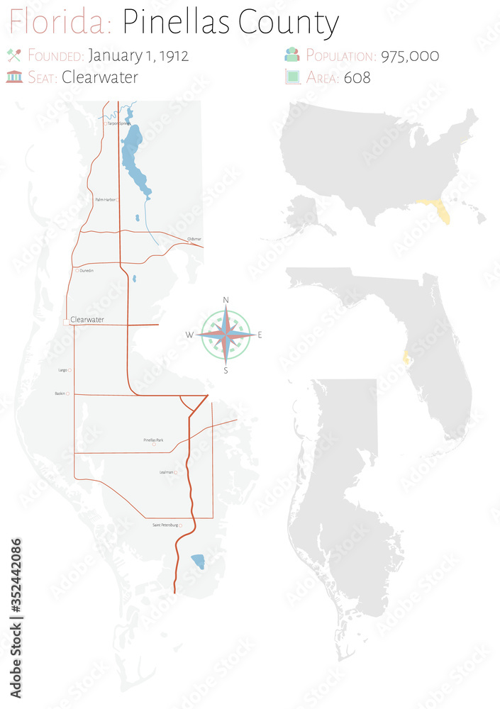 Large and detailed map of Pinellas county in Florida, USA. Stock Vector ...