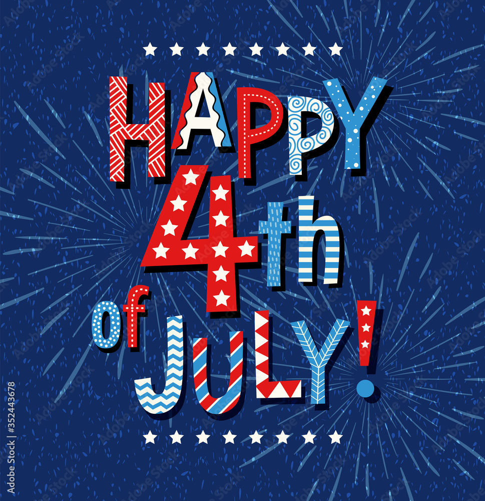 Happy 4th of July 2020 in Red white and blue doodle letters and ...