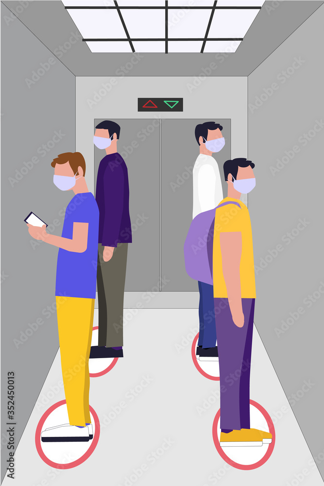 Keep safe distance. Social distancing in an elevator. Man in medecine ...