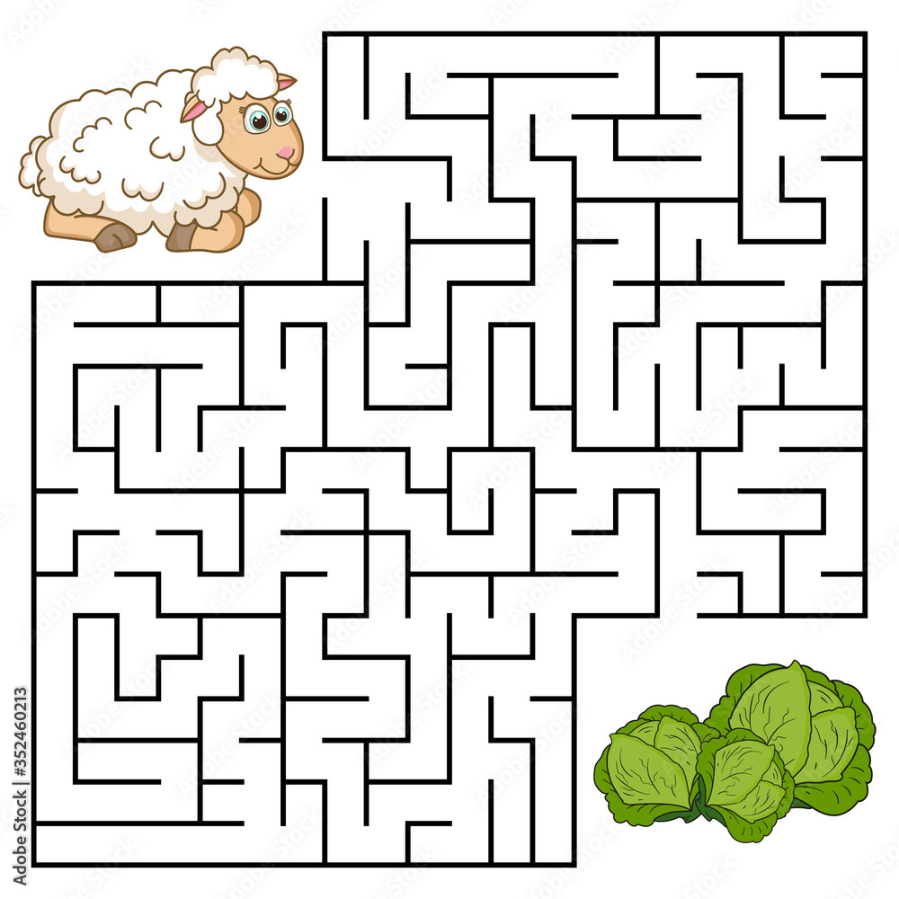 Square maze for kids with cartoon Sheep. Find right way to the Cabbage ...
