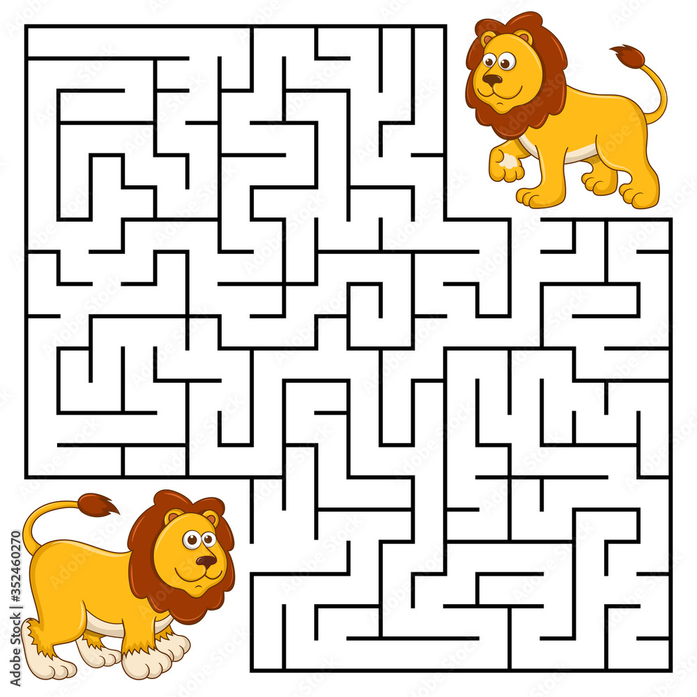 Square maze for kids with cartoon Lion. Find right way to the Lion ...