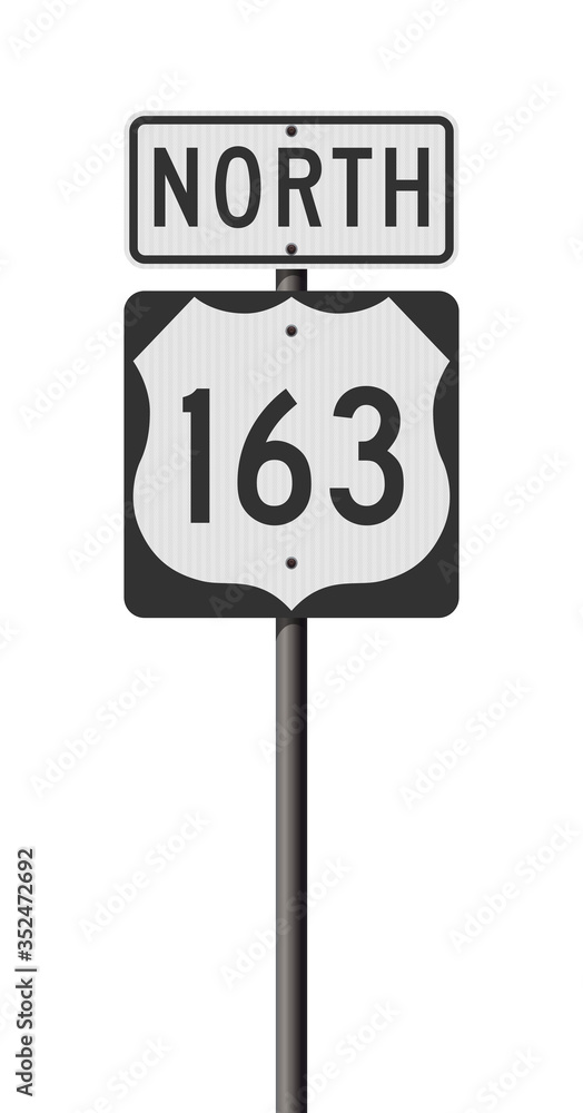 Vector illustration of the Highway 163 and North road signs on metallic ...