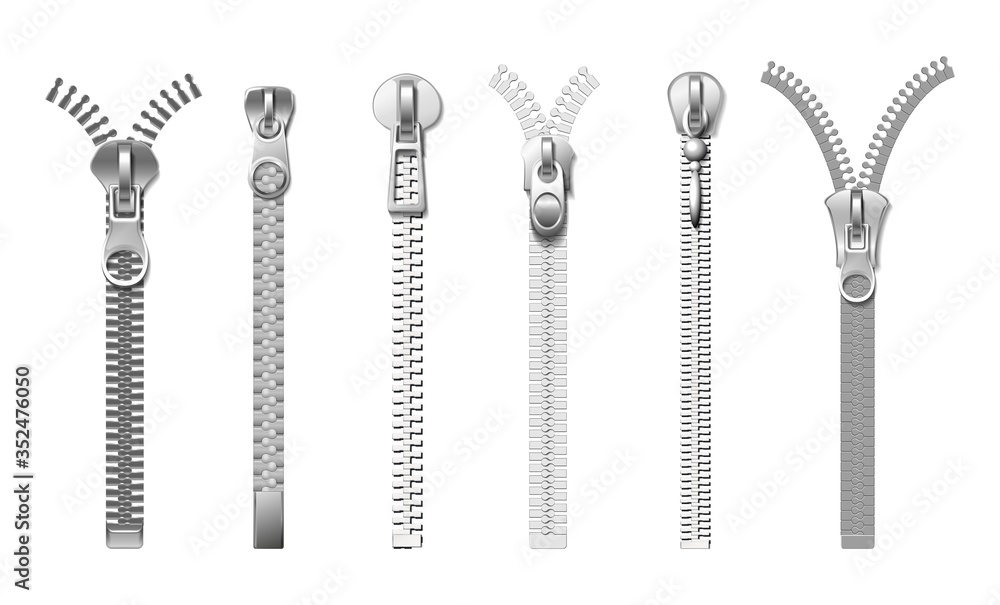 Silver zippers. Isolated realistic metal pull. Cloth fasteners ...