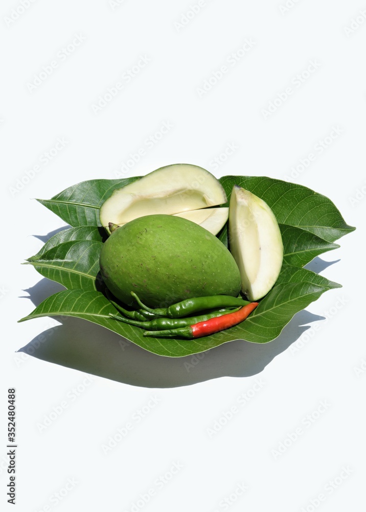 Green Mango with Chillies on Mango Leaves Isolated on White Background ...