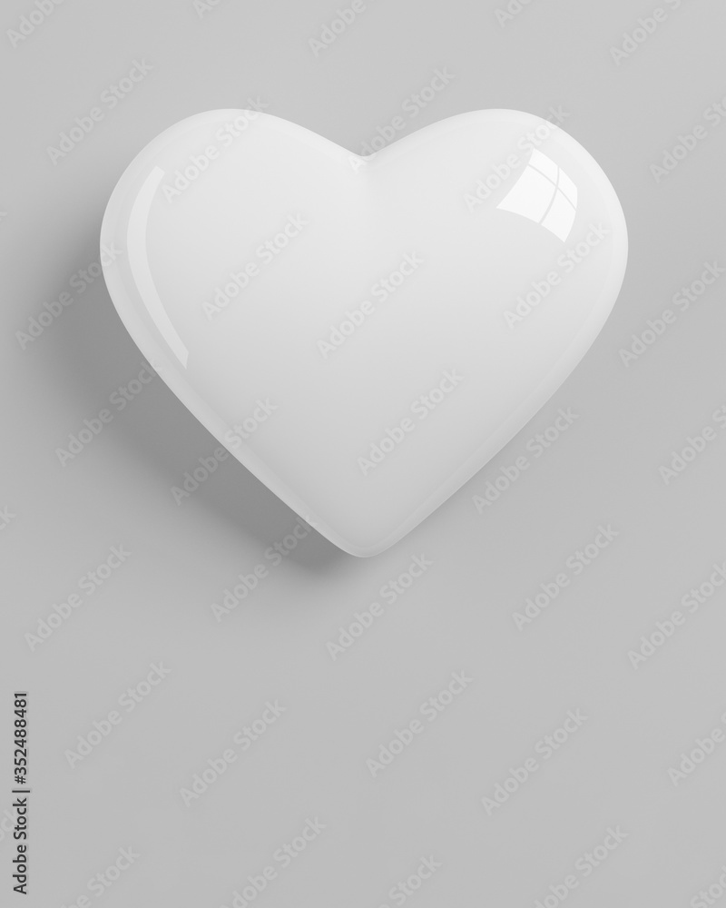 White glossy 3D heart with shadows on a white background. Layout of a ...