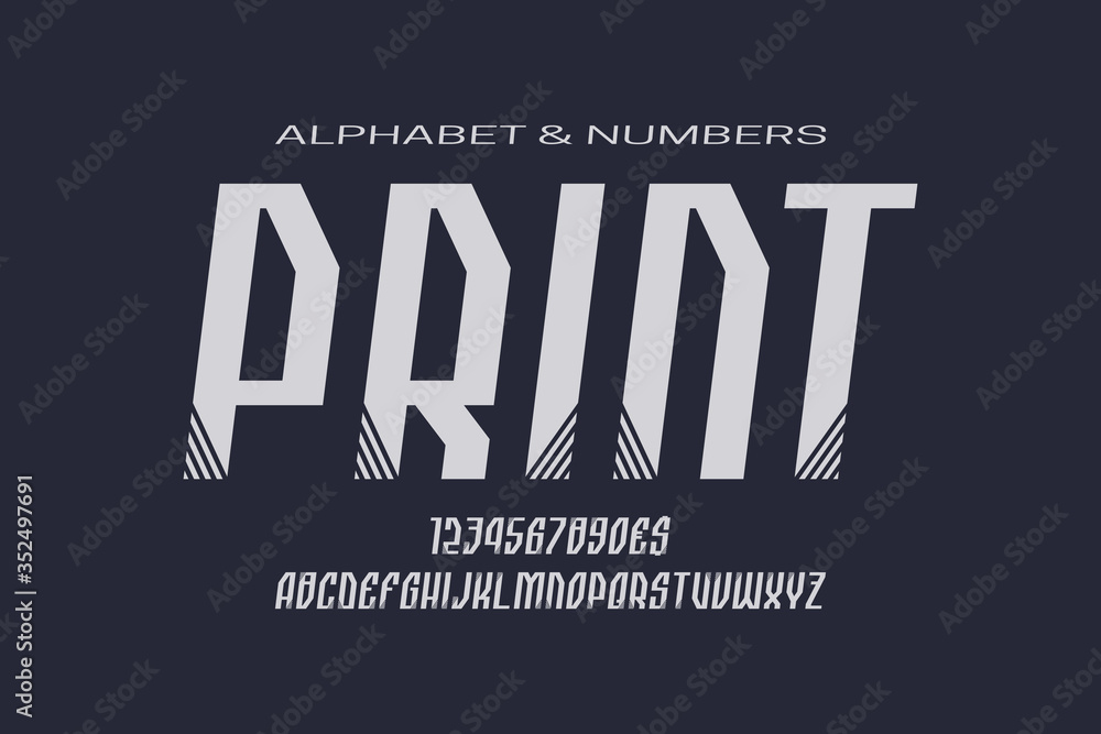 Print italic display font. Strong letters, numbers and currency signs ...