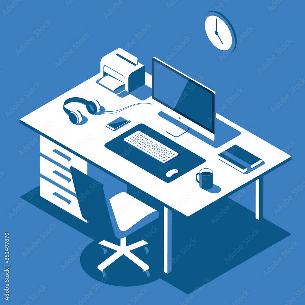 Isometric concept illustration of office work station. Desktop computer ...