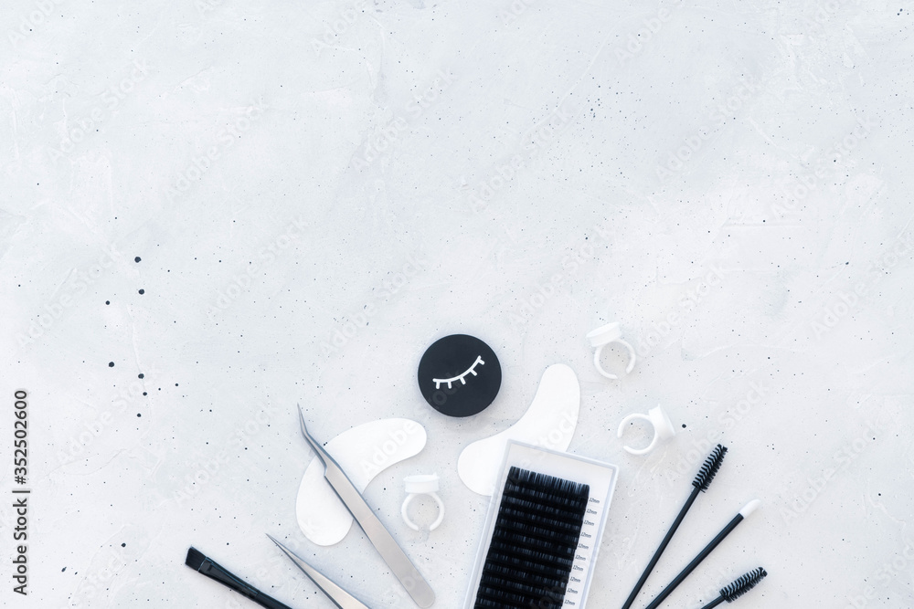 Lash artist beauty theme background in a flat lay style. Treatment ...