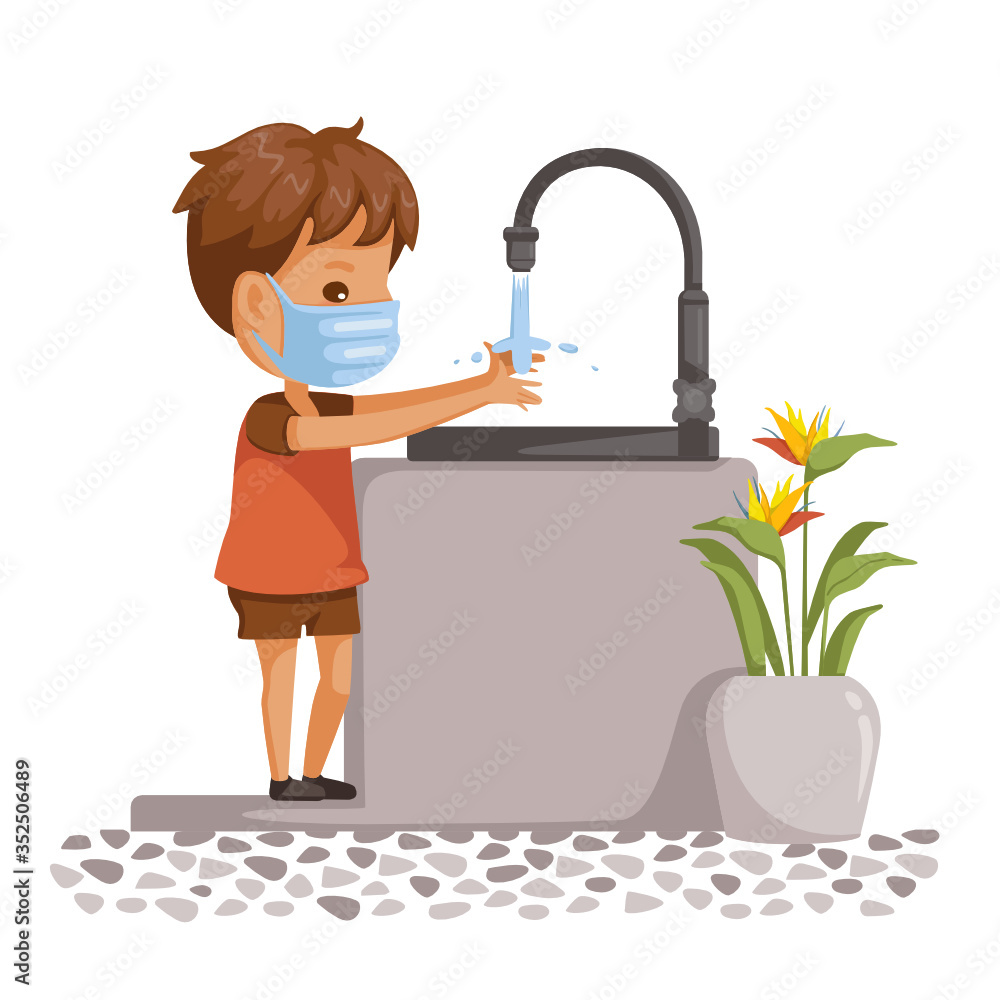 Children wearing protective masks. Boy wear a mask and wash hands. Keep ...