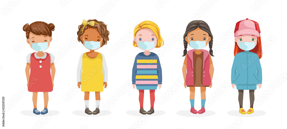 Kids mask full body set. Little girl wear face mask protect virus ...