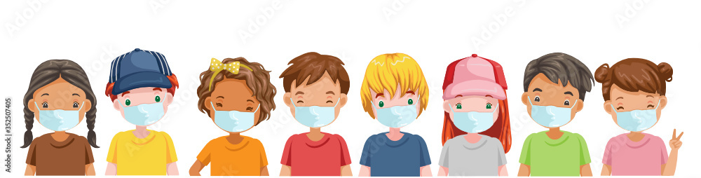 Kids mask set. Little boy and little girl wear face mask protect virus ...