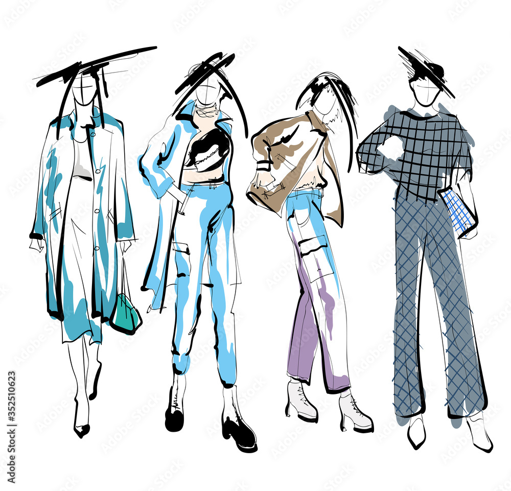 Beautiful young women in modern style.. Hand drawn stylish woman ...
