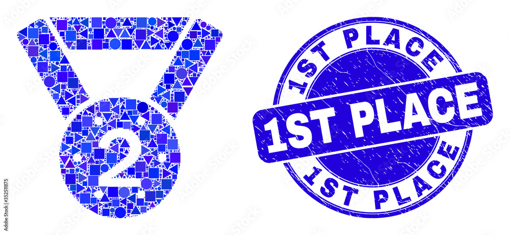 Geometric 2nd place medal mosaic pictogram and 1St Place seal. Blue ...