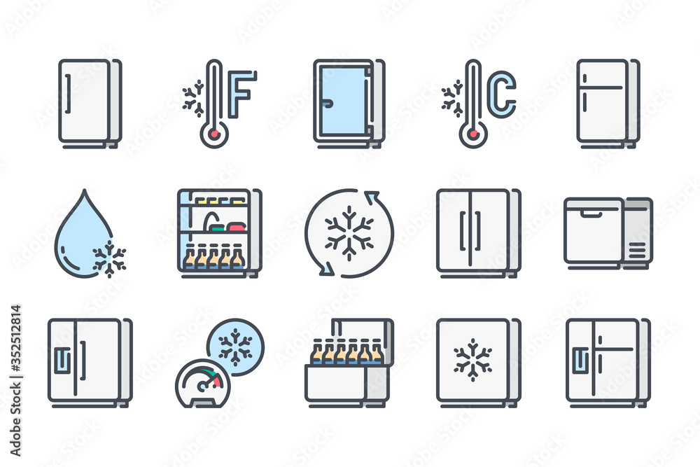 Fridge related color line icon set. Refrigerator colorful linear icons ...