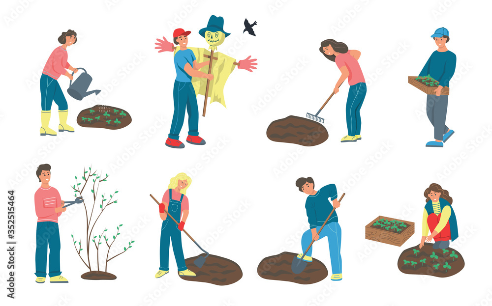 Gardening on a farm set of cartoon characters. Young people dig, rake ...