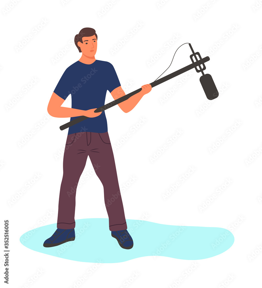 A full-length man with a long microphone. Character isolated on a white ...