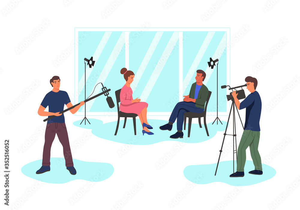 Recording a journalistic interview in the Studio. People sit on chairs ...