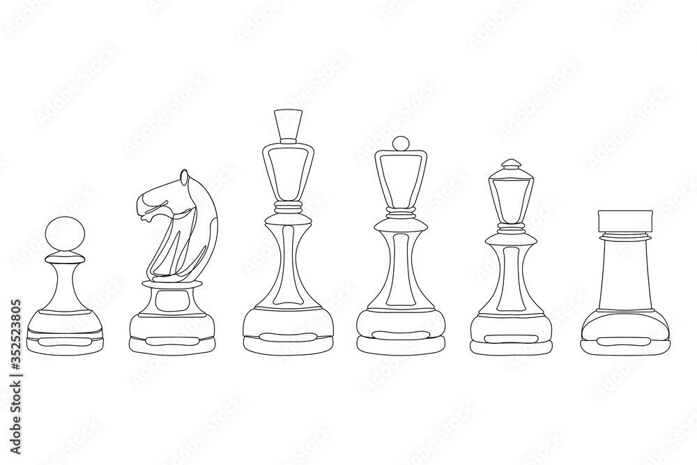 Chess pieces of black outline figures isolated on white background in ...