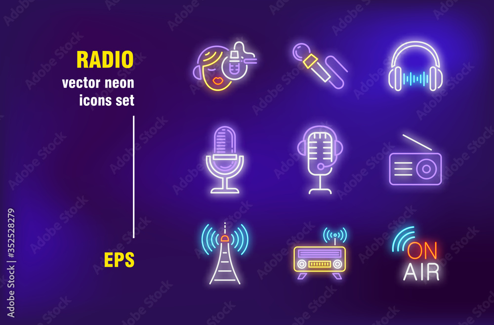 Radio neon signs set. Sound studio, broadcasting equipment, microphone ...