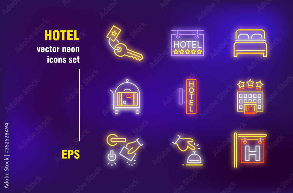 Hotel signs set. Building with stars, service, bell, key, double bed in ...