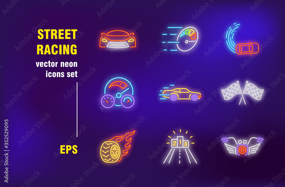 Street racing neon signs set. High speed sport cars, wheel in fire ...