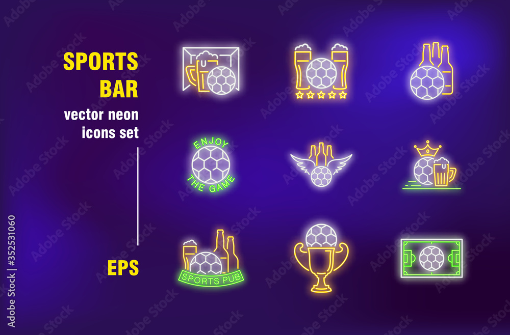 Sport bar neon signs set. Emblems with beer and soccer balls, football ...