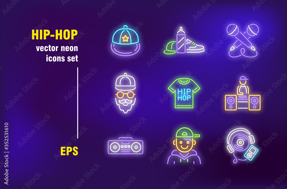 Hip hop neon signs set. Clothes, microphone battle, performer, party ...