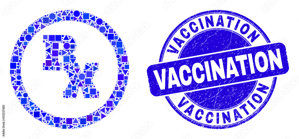 Geometric RX receipt symbol mosaic pictogram and Vaccination seal. Blue ...
