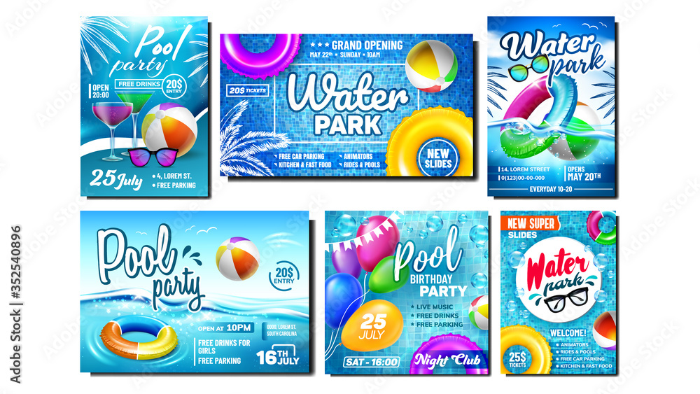 Water Park And Pool Party Promo Banners Set Vector. Collection Of ...