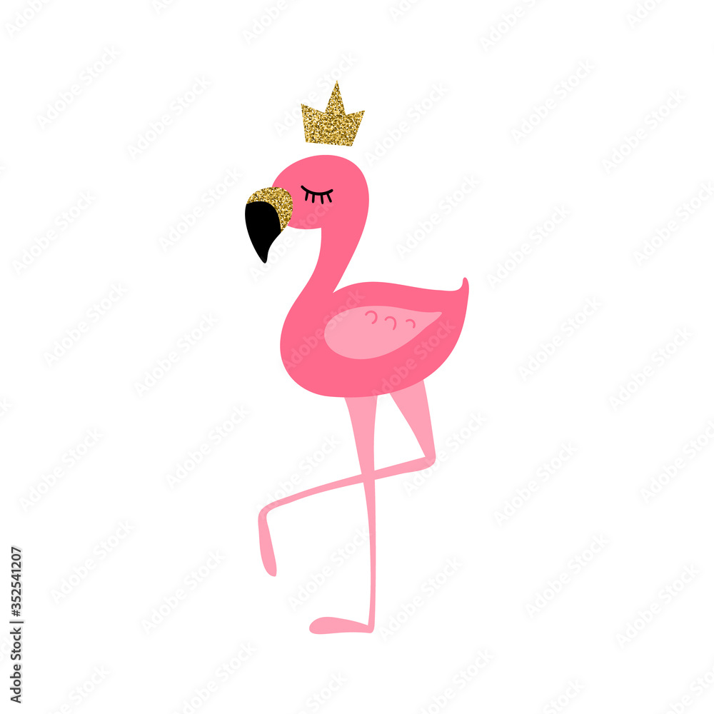 Cute cartoon flamingo with golden glitter beak and crown isolated on ...